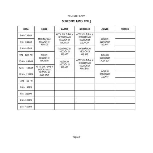 Horarios Definitivos I-2022, Ingeniería Civil | PDF