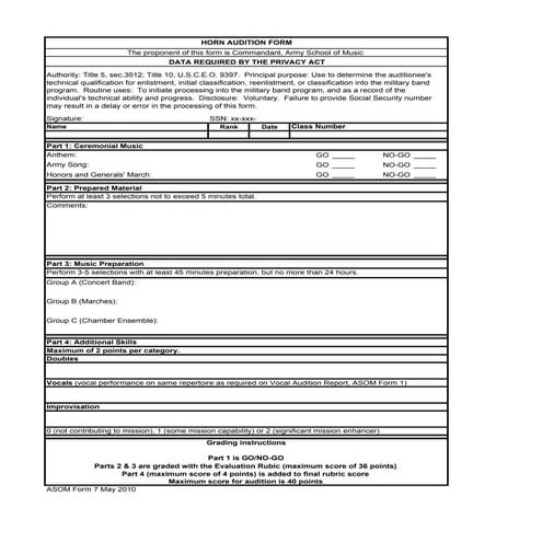 Army Bands Percussion audition form | PDF