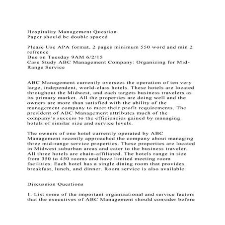 Hospitality Management QuestionPaper should be double spaced.docx