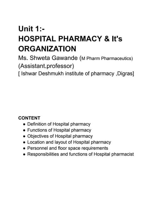 Hospital pharmacy and its organisation | PPTX