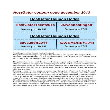 Hostgator coupon code december 2013 | PDF