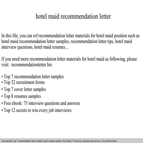 Hotel maid recommendation letter | PPT