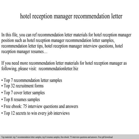 Hotel reception manager recommendation letter | PPT
