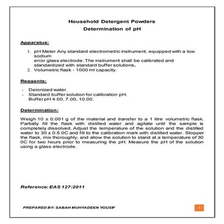Household detergent powders determination of pH | DOCX