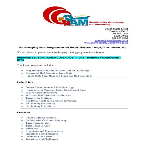 Housekeepers training programmes sam hospitality academy | PDF