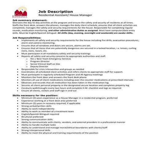 Casa Esperanza, Inc. House Manager Job Description | PDF