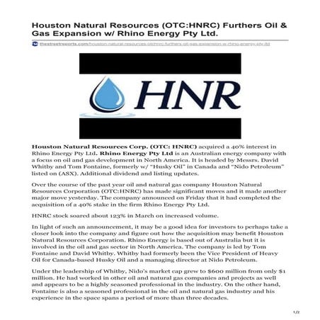 Houston Natural Resources (OTC:HNRC) Furthers Oil & Gas Expansion w/ Rhino Energy Pty Ltd. | PDF ...