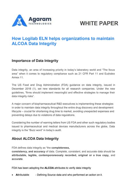 ENSURING DATA INTEGRTY THROUGH "ALCOA" : BASIC DATA INTEGRITY PRINCIPLES APPLICABLE FOR BOTH ...