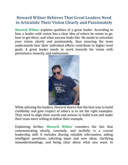 Howard Wilner of Sudbury MA Believes Strong Leaders Uplift Their Teams ...