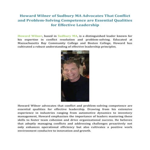 Howard Wilner of Sudbury MA Advocates That Conflict and Problem-Solving ...