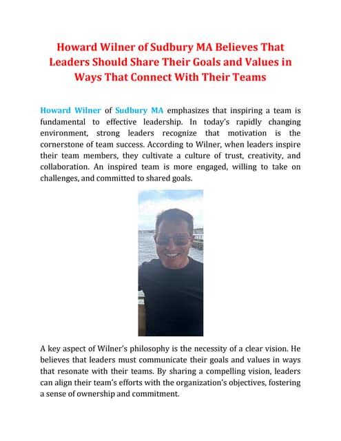 Howard Wilner of Sudbury MA Highlights the Power of Inspiring ...