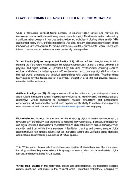 IMPORTANCE OF BLOCKCHAIN IN THE METAVERSE | PPTX | Internet | Computing