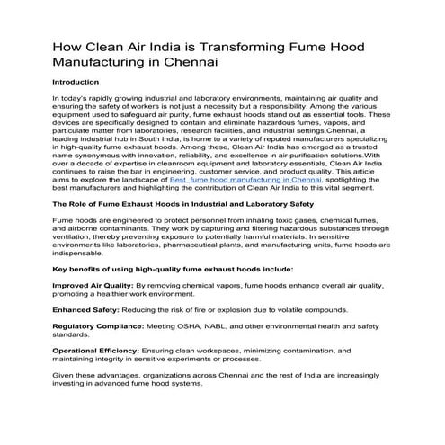 How Clean Air India is Transforming Fume Hood Manufacturing in Chennai.docx