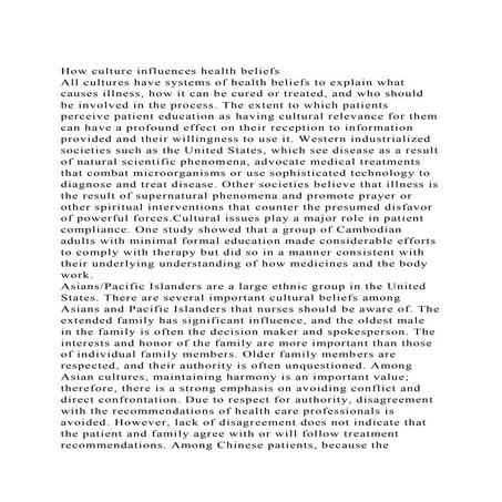 How culture influences health beliefsAll cultures have systems o.docx