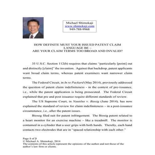 HOW DEFINITE MUST YOUR ISSUED PATENT CLAIM LANGUAGE BE - ARE YOUR CLAIM ...