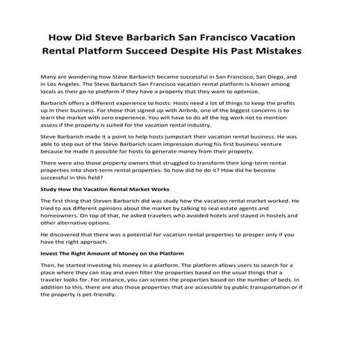 How Did Steve Barbarich San Francisco Vacation Rental Platform Succeed ...