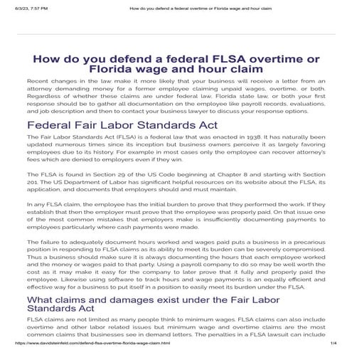 Defending federal overtime or Florida wage and hour claims by business ...