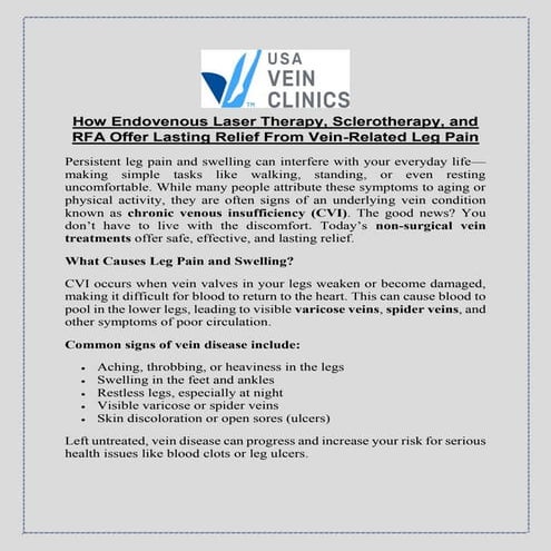 How Endovenous Laser Therapy, Sclerotherapy, and RFA Offer Lasting Relief From Vein-Related Leg ...