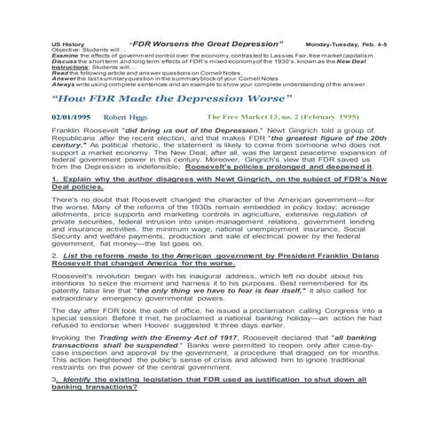 How FDR made the great depression worse article assignment | DOCX