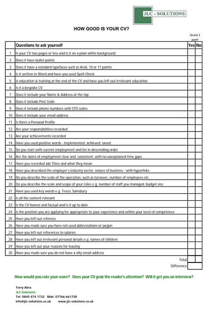 Checklist for Good CV | PDF | Resume Writing and Advice | Job Search