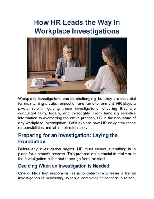 The Role of HR in Workplace Investigations.pdf | Human Resources | Business