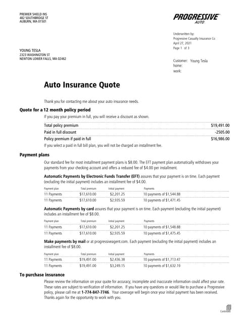Auto Insurance Quote Example Sutton MA | PDF