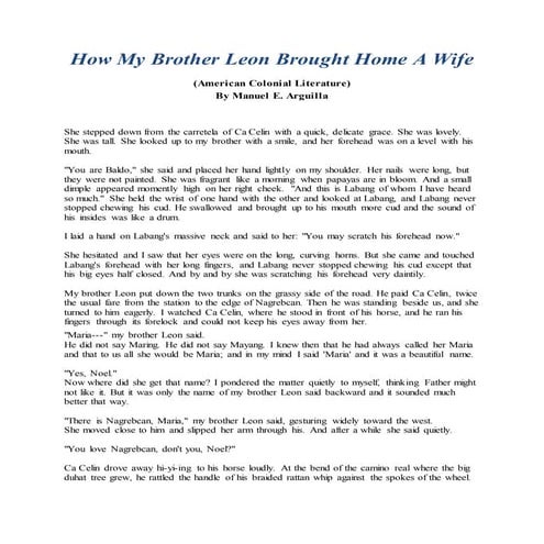 How My Brother Leon Brought Home a Wife by Manuel Arguilla | PPTX