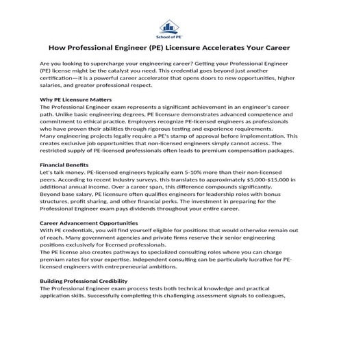 How Professional Engineer (PE) Licensure Accelerates Your Career | PDF