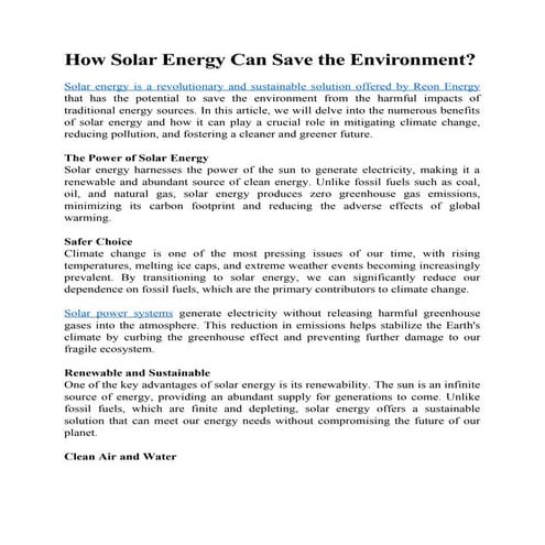 Exploring Solar Energy Solutions Types, System Configurations and Applications | DOCX