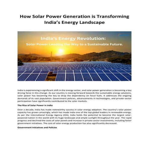 How Solar Power Generation is Transforming India’s Energy Landscape | PDF