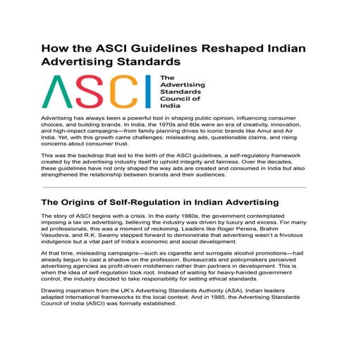 How the ASCI Guidelines Reshaped Indian Advertising Standards | PDF