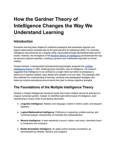 Howard Gardner S Theory Of Multiple Intelligences | PDF