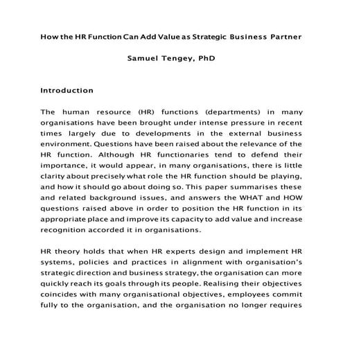 How the HR function can add value as Strategic Business Partner | DOCX