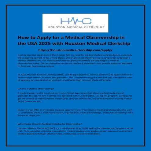 How to Apply for a Medical Observership in the USA 2025 with Houston ...