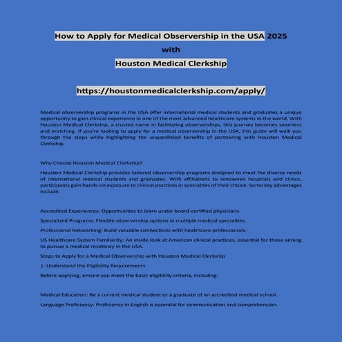 How to Apply for Medical Observership in the USA with Houston Medical ...