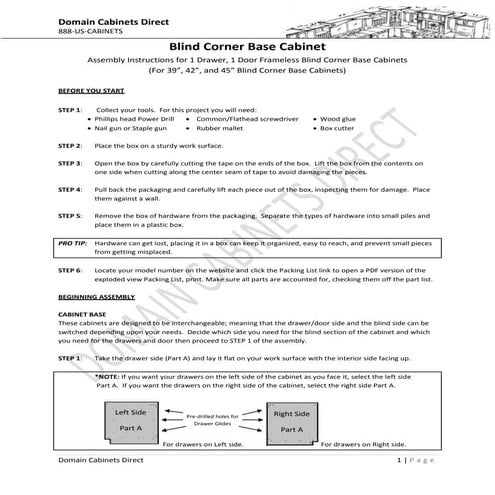 How to assemble a base blind corner 1 drawer 1 door cabinet | PDF