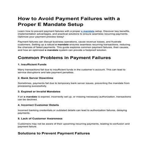 How to Avoid Payment Failures with a Proper E Mandate Setup | PDF
