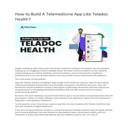 Transform Healthcare with a Telemedicine App Like Teladoc Health | PDF