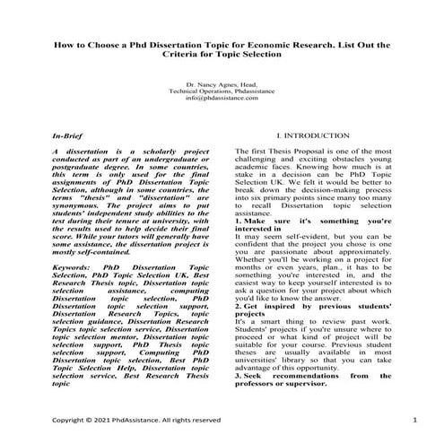 How to Choose a PhD Dissertation Topic For Economic Research? List out the Criteria for Topic ...