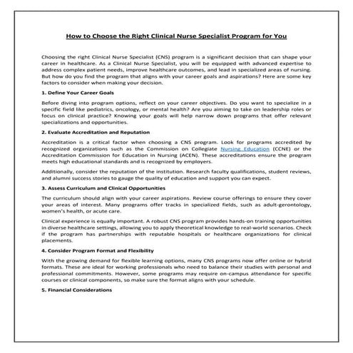 How to Choose the Right Clinical Nurse Specialist Program for You | PDF