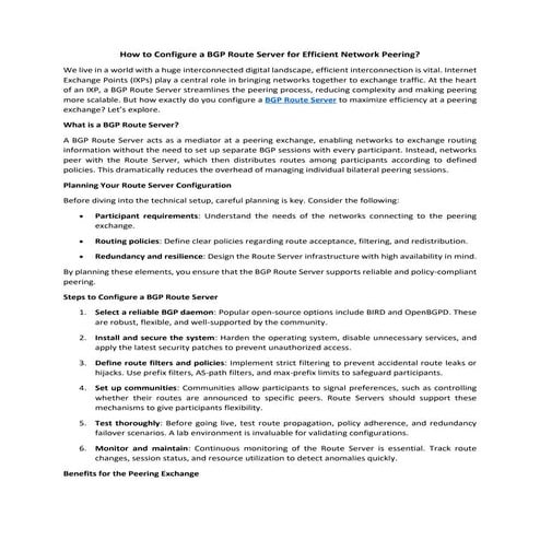 How to Configure a BGP Route Server for Efficient Network Peering? | PDF