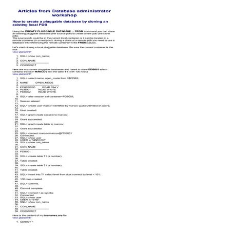 How To Create A Pluggable Database By Cloning An Existing Local Pdb Pdf 