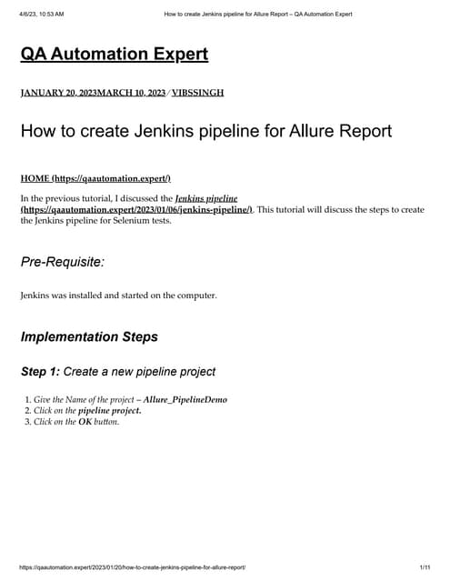 How To Create Jenkins Pipeline For Allure Report Qa Automation Expert Pdf