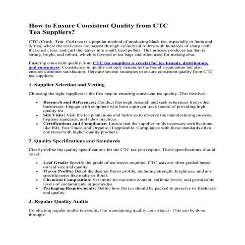 How to Ensure Consistent Quality from CTC Tea? | PDF