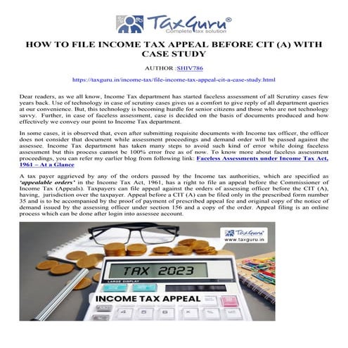 How to File Income Tax Appeal before CIT (A) with Case Study | PDF