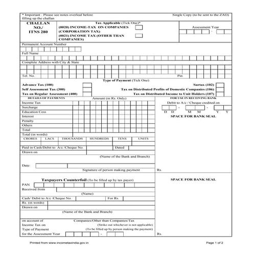 How to fill up challan 280 for paying income tax | PDF
