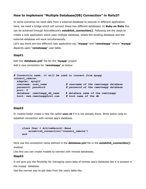 How to implement “multiple database(db) connection” in rails3 | PDF How to implement “multiple database(db) connection” in rails3 | PDF