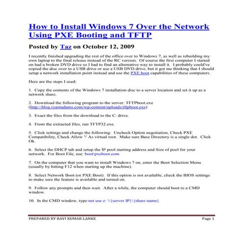 How to install windows 7 over the network using pxe booting and tftp | PDF