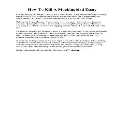 How To Kill A Mockingbird Essay. To Kill A Mockingbird Essay Telegraph ...