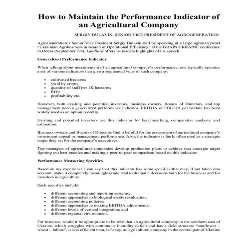 How to maintain the performance indicator of an agricultural company | PDF